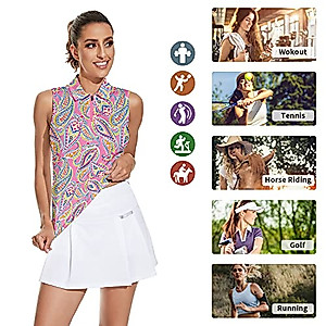 Soneven Women's Golf Shirts Sleeveless Floral Athletic Polo Shirts Moisture Wicking Tennis Shirts Paisley