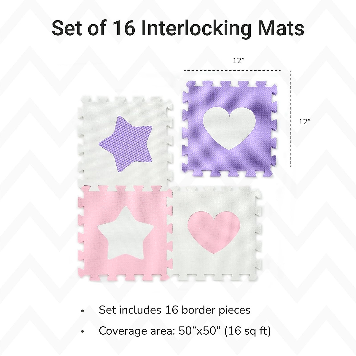 Tadpoles Hearts and Stars Foam Playmats for Kids, 16 Interlocking Foam Tiles, Waterproof, Durable, and Long-lasting | Total Floor Coverage 50” x 50” | For Ages 3 and Up | Pink, Purple, and White