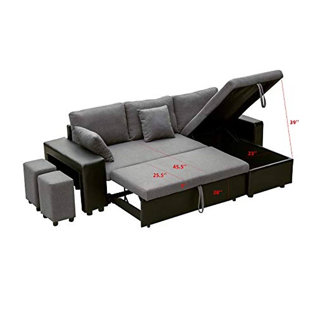Runboll Sectional Sofa with Pull-Out L-Shape Bed Reversible Chaise Sofa with Storage Seat Sleeper Couch with 2 Stools