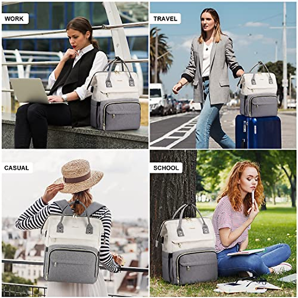 LOVEVOOK Laptop Backpack Purse for Women, 18 Inch Computer Business Stylish Backpacks, Doctor Nurse Bags for Work, Casual Daypack Backpack with USB Port, White-Grey