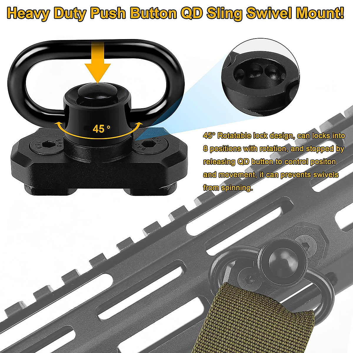REERON 2 Point Sling & Mloc Sling Mount - Adjustable Extra Long Two Point Traditional Rifle Sling with 2 Pack 1.25" QD Sling Swivels Mounts for M Lock Rail System (2 Pack Mloc Sling Mounts)