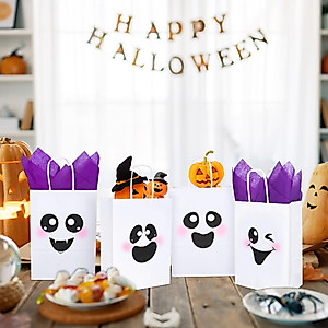 Whaline 24Pcs Halloween Ghost Paper Gift Bags with Handles and Purple Tissue Paper Trick or Treat Party Favor Bags Candy Goodie Treat Bags for Halloween Birthday Party Supplies