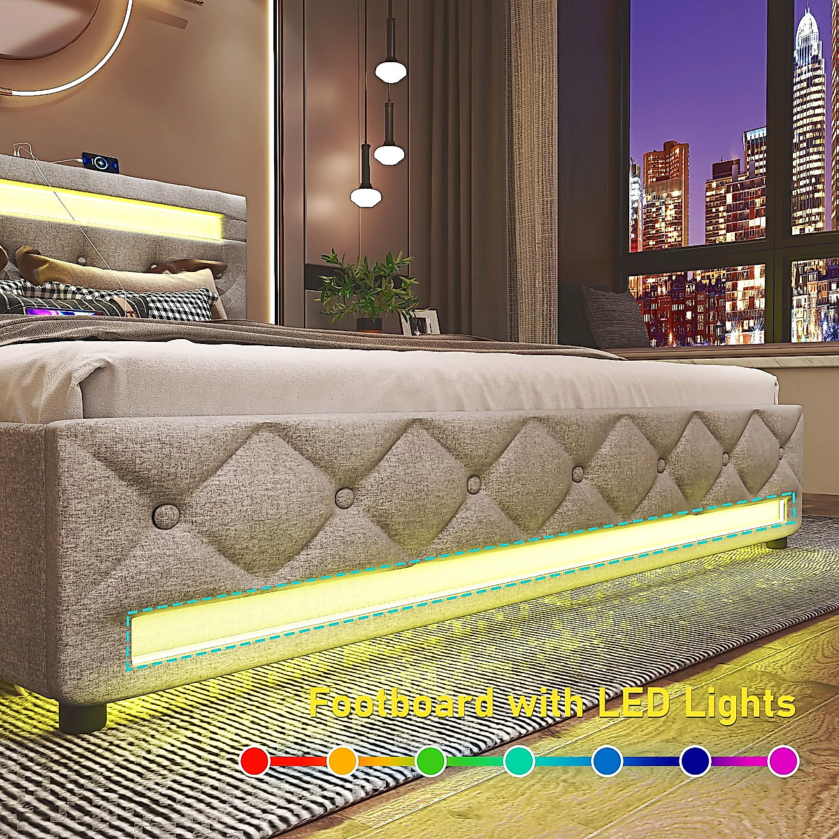 HOMFAMILIA Full Bed Frame with Headboard and Drawers, LED Bed Frame with Adjustable Storage & LED Lights Headboard, Upholstered Platform Bed with 2 USB Ports, No Box Spring Needed, Light Grey