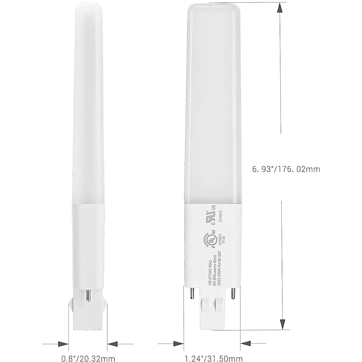 Legental GX23 Base LED Bulbs, 6w(13w CFL Equivalent) LED Slim, 2-Pin PL Horizontal Recessed Lamp,for Wall Scones, Bathroom Vanity Light,Cool Light 5000k, UL Listed, 2 Pack