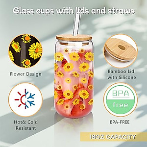 Sunflower Gifts for Women, Glass Cups with Lids and Straws, 18OZ Glass Cups, Drinking Glasses, Iced Coffee Glasses Cup, Smoothie Cups, Tumbler Glass, Reusable Cup Drinking Glasses -Set of 1