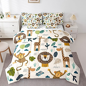 Feelyou Safari Animals 7 Piece Bedding Set Twin, Cartoon Lion Giraffe Comforter Set with Sheets Cute Monkey Bed in a Bag for Kids Nature Wildlife Bed Set