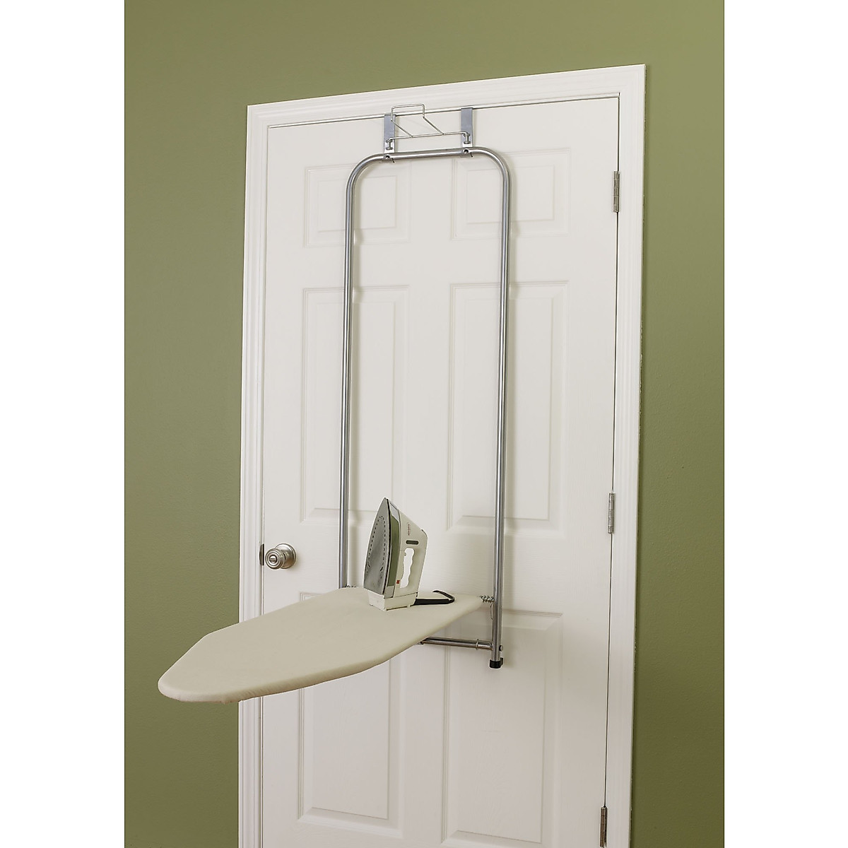 Household Essentials 144222 Over The Door Small Ironing Board with Iron Holder, Natural Cotton Cover Silver