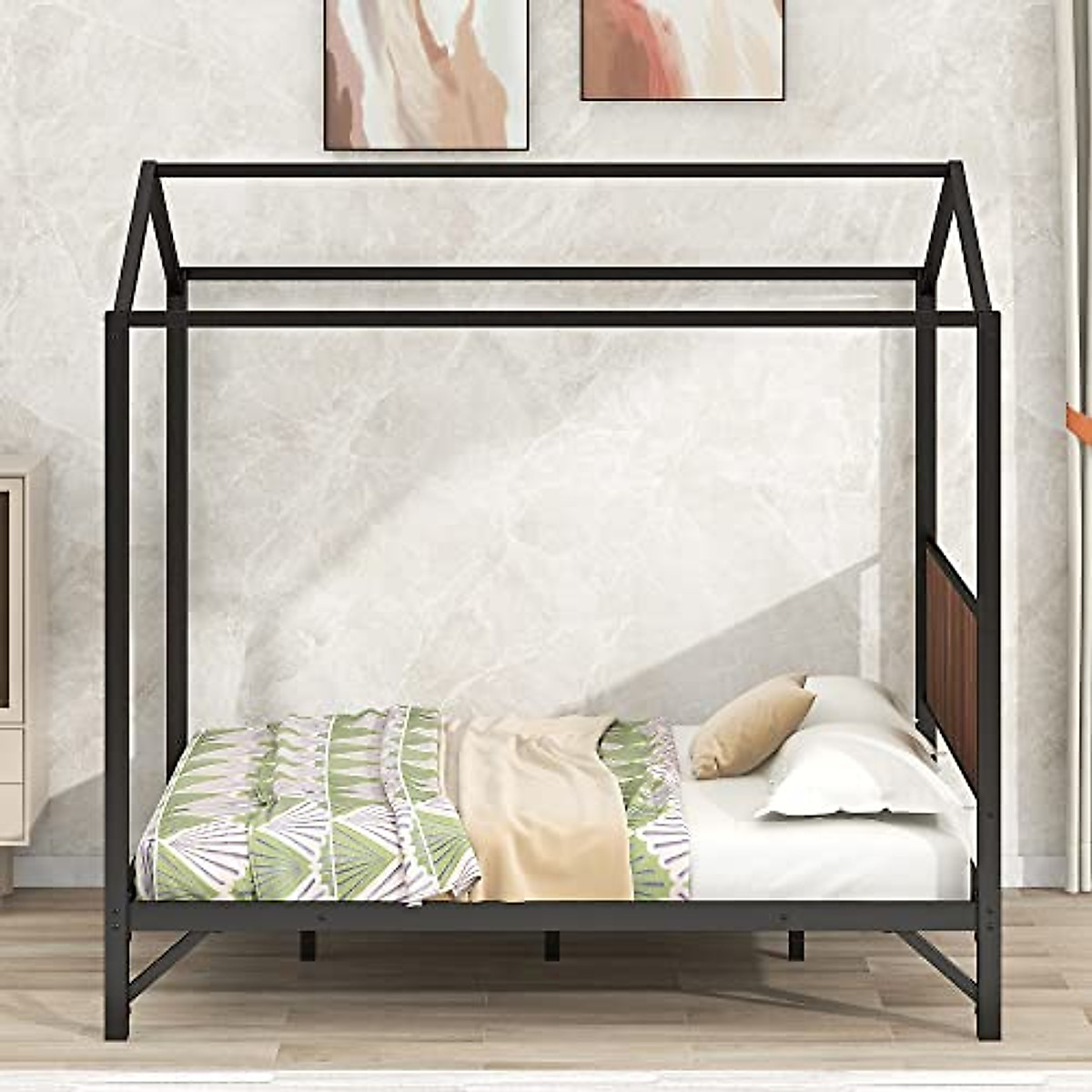 Bellemave House Bed for Kids, Full Size Metal Platform Bed with Headboard and Roof (Full Size, Black)