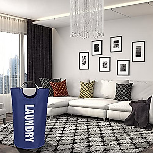 Nachell 90L Large Laundry Basket Clothes Hamper,Collapsible Freestading Laundry Bag with Padded Handles and 2 Hooks for Hanging Over the Door of Bathroom,Bedroom,Dorm,Dark Blue