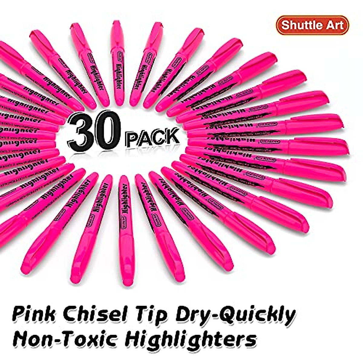 Shuttle Art Highlighters, 30 Pack Highlighters Bright Colors, Pink Colors Chisel Tip Dry-Quickly Non-Toxic Highlighter markers for Adults Kids Highlighting in the Home School Office
