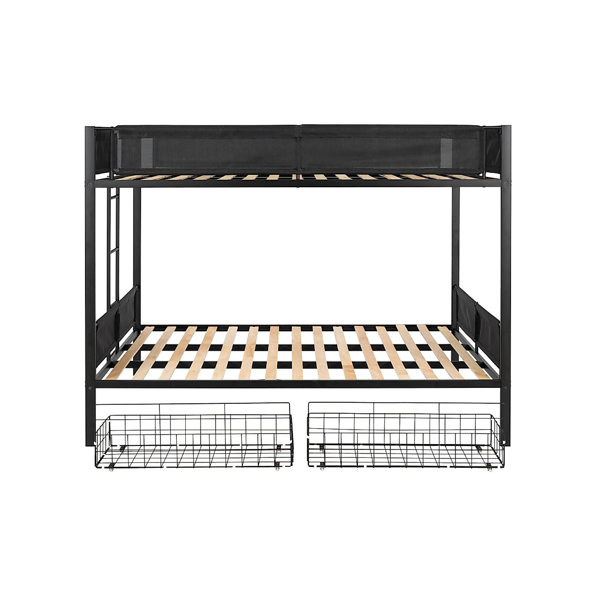 DNYN Queen Over Queen Bunk Bed with Storage Drawers & Wood Slat Support & Ladder & Safety Rails for Kids/Adults,Space Saving Design & No Box Spring Needed,Perfect for Dorm,Bedroom,Guest Room, Black