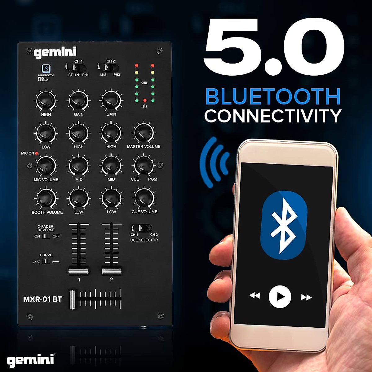 Gemini Sound MXR-01BT Professional Bluetooth 2-Channel DJ Mixer 3-Band EQ and Gain 2 Phono/Line Stereo Channels Crossfader Curve and Reverse Switches Microphone Input Headphone Output Master Outputs