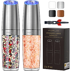 FORLIM Electric Salt and Pepper Grinder Set, Upgraded 9 Oz Large Capacity, Battery Operated Automatic Pepper Grinder Set, Easy to Fill, One Hand Operation, Stainless Steel(Silver)