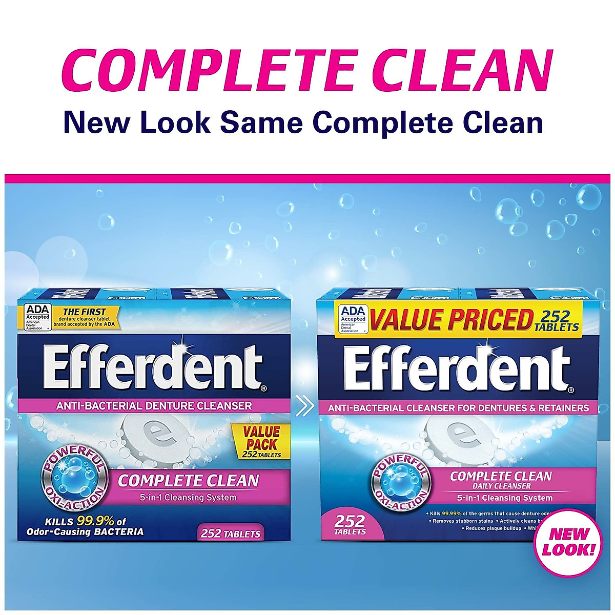 Efferdent Denture Cleanser Tablets, Complete Clean, Tablets, Multicolor, 252 Count