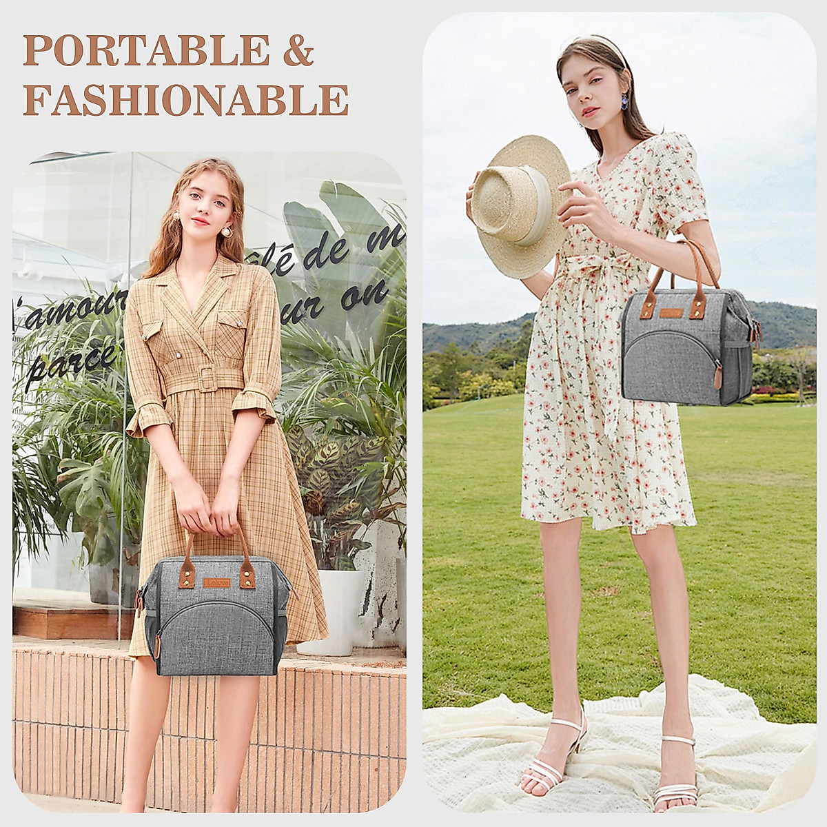 LOKASS Lunch Bag Women Insulated Lunch Box Wide-Open Lunch Tote Bag Large Drinks Holder Durable Nylon Thermal Snacks Organizer for Men Adults College Work Picnic Hiking Beach Fishing,Grey