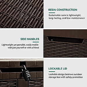 YITAHOME 100 Gallon Large Deck Box w/Storage Net, Resin Outdoor Storage Boxes, Waterproof Patio Cushion Storage Bench for Patio Furniture, Pool Supplies, Garden Tools- Rattan,Lockable (Dark Brown)