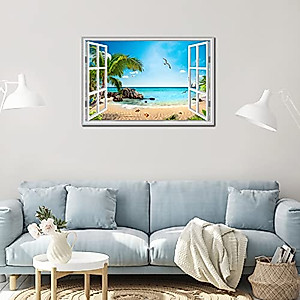 Large Beach Pictures Wall Art Canvas Print Artwork Blue Ocean Palm Tree Seascape Decor Living Room Bedroom Office with Framed 24 x36