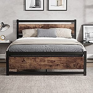 LOTCAIN Platform Bed Frame with Wooden Headboard, Heavy Duty, No Box Spring Needed, Strong Metal Slats Support, Noise-Free, Twin XL/Queen/King (Queen)