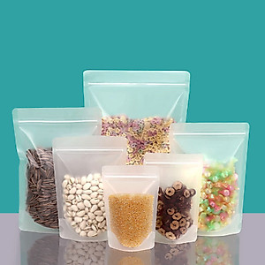 50 Pack Matte Frosted Clear Zipper Food Bags, MYANGHAOT Stand Up Pouch Bag Resealable Stand Up Candy Bags, Snack Food Tea Packing Dried Fruit Pouches (5.51" x 7.87")