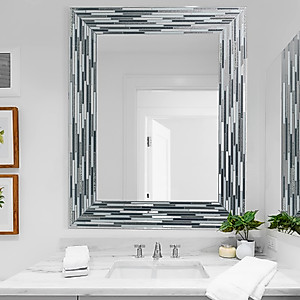Head West Frameless Reeded Glass Print Gray Modern Wall Mirror - Bathroom Vanity Mirror Decoration with D-Ring Hangers for Vertical & Horizontal Mounting - 24" x 30"