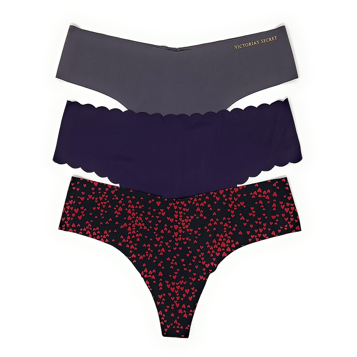 Victoria's Secret No Show Thong Panty Set of 3 Large Dark Gray/Plum Scallop/Black Mini Hearts