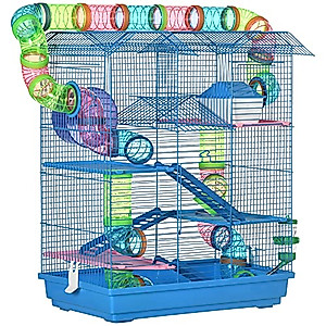 PawHut 18.5" 5 Tier Hamster Cage with Tubes and Tunnels, Small Animal Cage, Rat Gerbil Cage with Water Bottle, Food Dish, Exercise Wheel, Blue