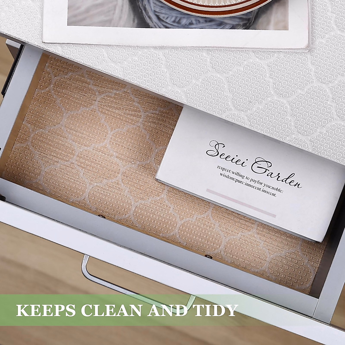 Shelf Liner and Drawer Liner, 12IN x 20FT Non-Slip Kitchen Cabinet Liner, Non-Adhesive Waterproof Durable EVA Cupboard Liner with Print for Shelves, Refrigerators, Cabinets and Storage