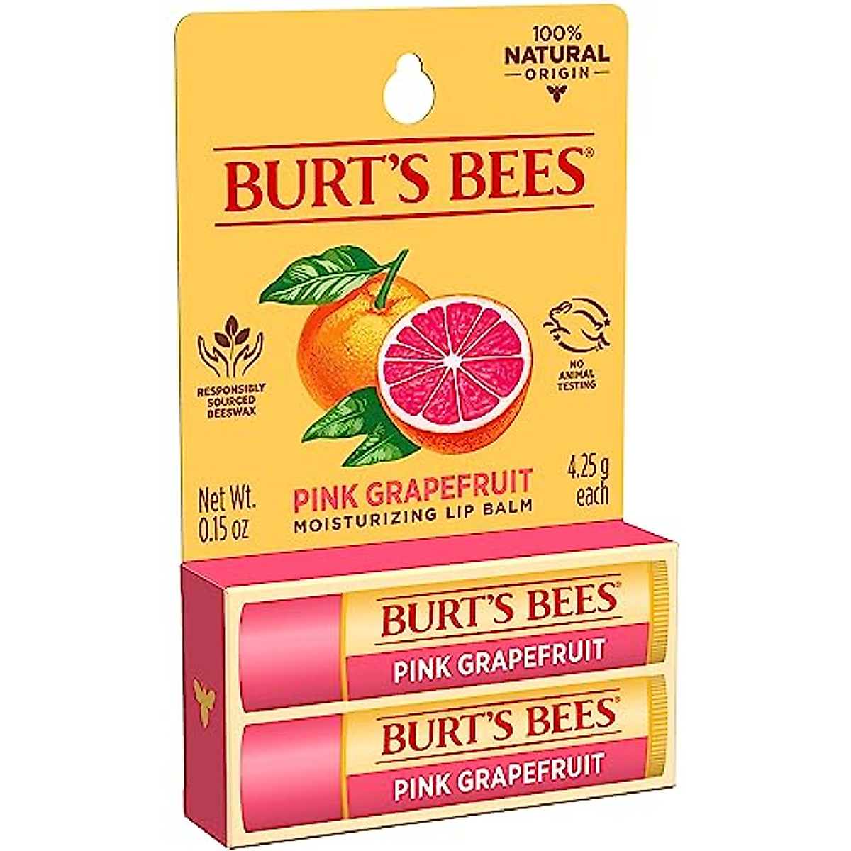 Burt's Bees Lip Balm - Pink Grapefruit, Lip Moisturizer With Responsibly Sourced Beeswax, Tint-Free, Natural Origin Conditioning Treatment, 2 Tubes, 0.15 oz.