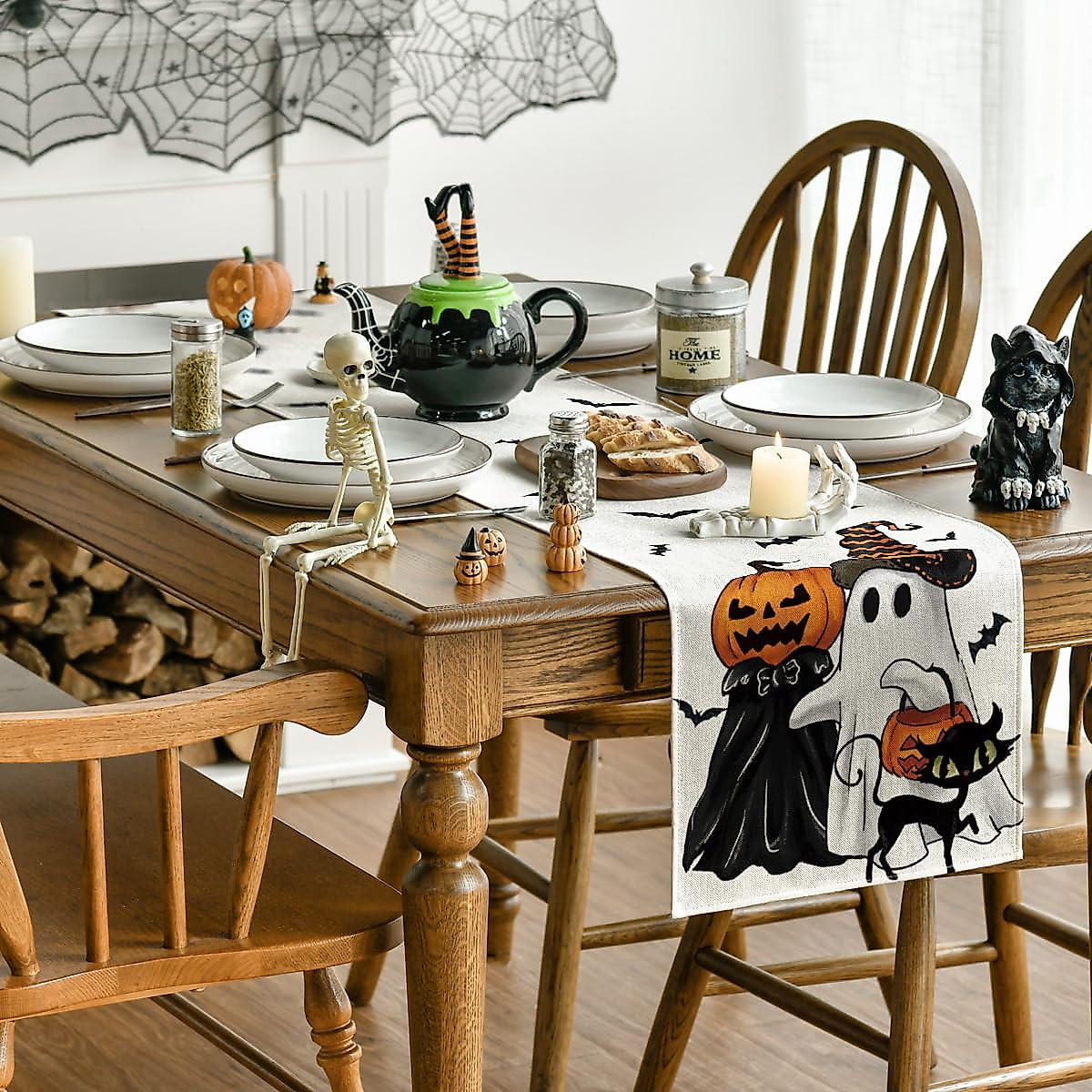 Artoid Mode Ghost Spooky Jack-O'-Lantern Pumpkin Halloween Table Runner, Black Cat Kitchen Dining Table Decoration for Home Party Decor 13x72 Inch