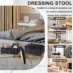 AKOZLIN Velvet Storage Ottoman Seat Modern Soft Vanity Stool Chair with 4 Gold Metal Legs for Makeup,Drawing,Living Room-Black 16.5" W x 13.4" D x 19.3" H