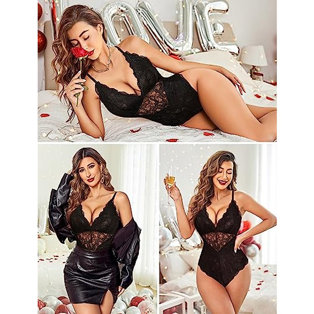 Avidlove Snap Crotch Lingerie Women Deep V Lace Teddy Bodysuit One Piece Babydoll(Black,L)