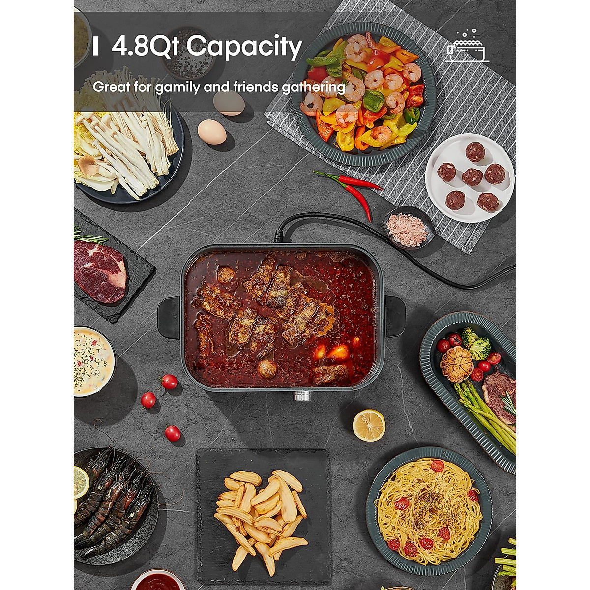 FOHERE 4.8Qt Hot Pot Electric, Ceramic Nonstick Electric Pot for Cooking, 1300W Electric Shabu Shabu Pot w/Dual Temperature Control for Home, Party, Family & Friend Gathering