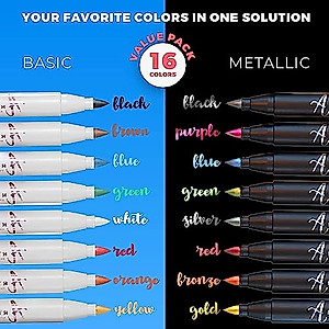 Acrylic Paint Pens Brush Tip, 8 Metallic & 8 Basic Colors Acrylic Paint Markers. Set for Rock Painting, Calligraphy, Scrapbooking, Brush Lettering, Card Making, Sketching, Black Paper, DIY Photo Album
