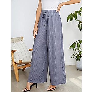 KOJOOIN Women's Wide Leg Pants Casual Palazzo Summer Flowy Pants Elastic High Waist Lounge Drawstring Long Trousers for Women Gray Stripe XL