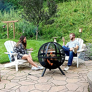 Sunnydaze Flaming Ball 30-Inch Wood-Burning Steel Fire Pit with Protective 200D PVC Cover and 16-Inch L Poker - Black