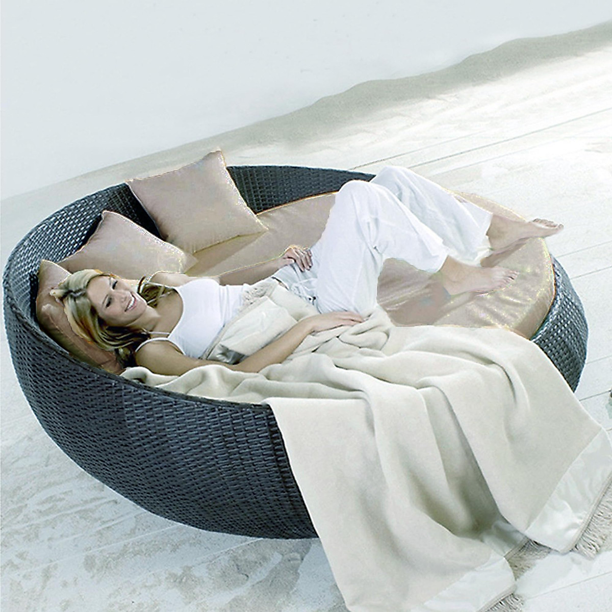 Sqodok Outdoor Daybed Cushion Cover 66" Patio Daybed Cushion Cover Waterproof with Elastic Band Outdoor Round Daybed Cushion Cover Replacement, Cover ONLY, Tan