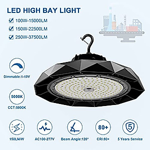 HONMY LED High Bay Light 100W 1-10V Dimmable 5000K 15000LM IP65 Waterproof UFO Commercial Bay Lighting with 5ft US Cable Plug for Warehouse Workshop Garage Factory Lights Fixture