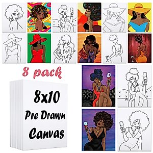 VOCHIC 8 Pack Canvas Painting Kits for Adults - 8x10 Pre-Drawn Stretched Canvases for Sip and Paint Parties - Painting Supplies for Beginner Artists