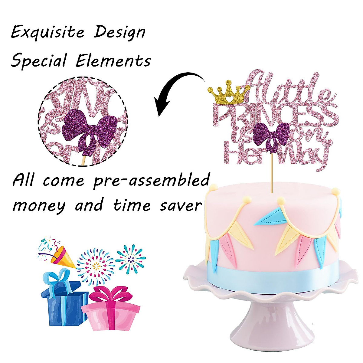 Maicaiffe A Little Princess is on Her Way Cake Topper, Gender Reveal Party - It's a Girl - Girl First Birthday Party Cake Decorations Pink Glitter