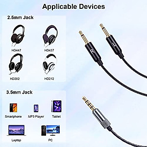 Arzweyk 3.5mm to 2.5mm Male to Male Audio AUX Replacement Cable Compatible with Sennheiser HD447 HD437 HD202 HD212 Headphone, Remote Volume Control Mic for ISO Android, 1.2m/ 4FT