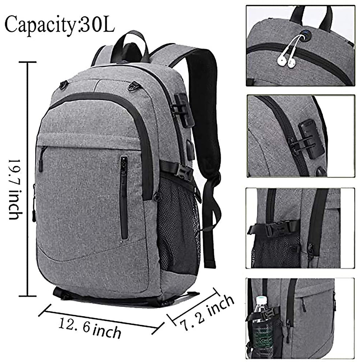 KOLAKO Travel Backpack Waterproof Large Sports Basketball Bookbag Backpack Anti Thief Business Backpacks Daypack Fit 17.3 Inch Laptop Gray