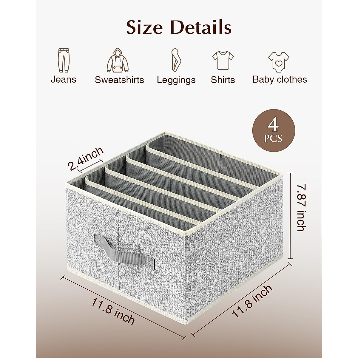 Homsorout Jeans Organizer for Closet - 4 Pack Clothes Drawer Organizer, 5-Cell Foldable Wardrobe Clothes Organizer with Handles, Closet Organizers and Storage for Jeans, T-shirts (Blended)