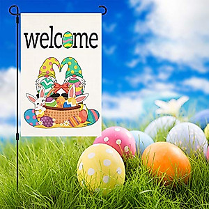 Tatuo 2 Pieces Easter Garden Flag 12 x 18 Inch Double Sided Burlap Yard Flags Holiday Rabbit Gnome House Flag Egg Spring Decorative Flag for Outdoor Decoration