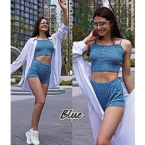 Ekouaer Sexy Loungewear Set for Womens Rib-Knit Outfits Camisole Top with Shorts Lounge Pj Set Khaki Black Plain Blue,Medium