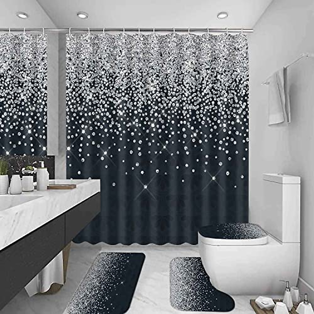 TERSUM Silver Gray Bokeh Diamond Shower Curtain Set,4PCS Bathroom Sets with Shower Curtain and Bath Mat, Toilet Lid Cover and U Shaped Rugs,72"x72" Polyester Fabric Bathtub Curtain with Hooks SETGXTE2