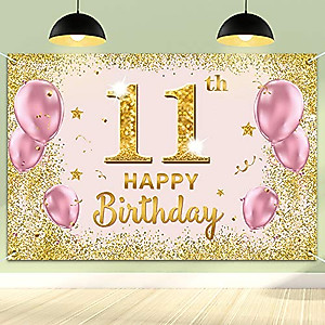 PAKBOOM Happy 11th Birthday Backdrop Banner - 11 Birthday Party Decorations Supplies for Girls - Gold Pink 3.9 x 5.9ft