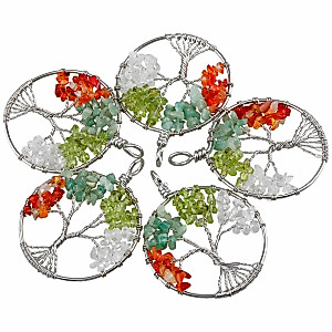 TUMBEELLUWA Tree Pendant Necklace Handmade Gemstone Chakra Alloy Jewelry for Women, Four Color Mixed Stone