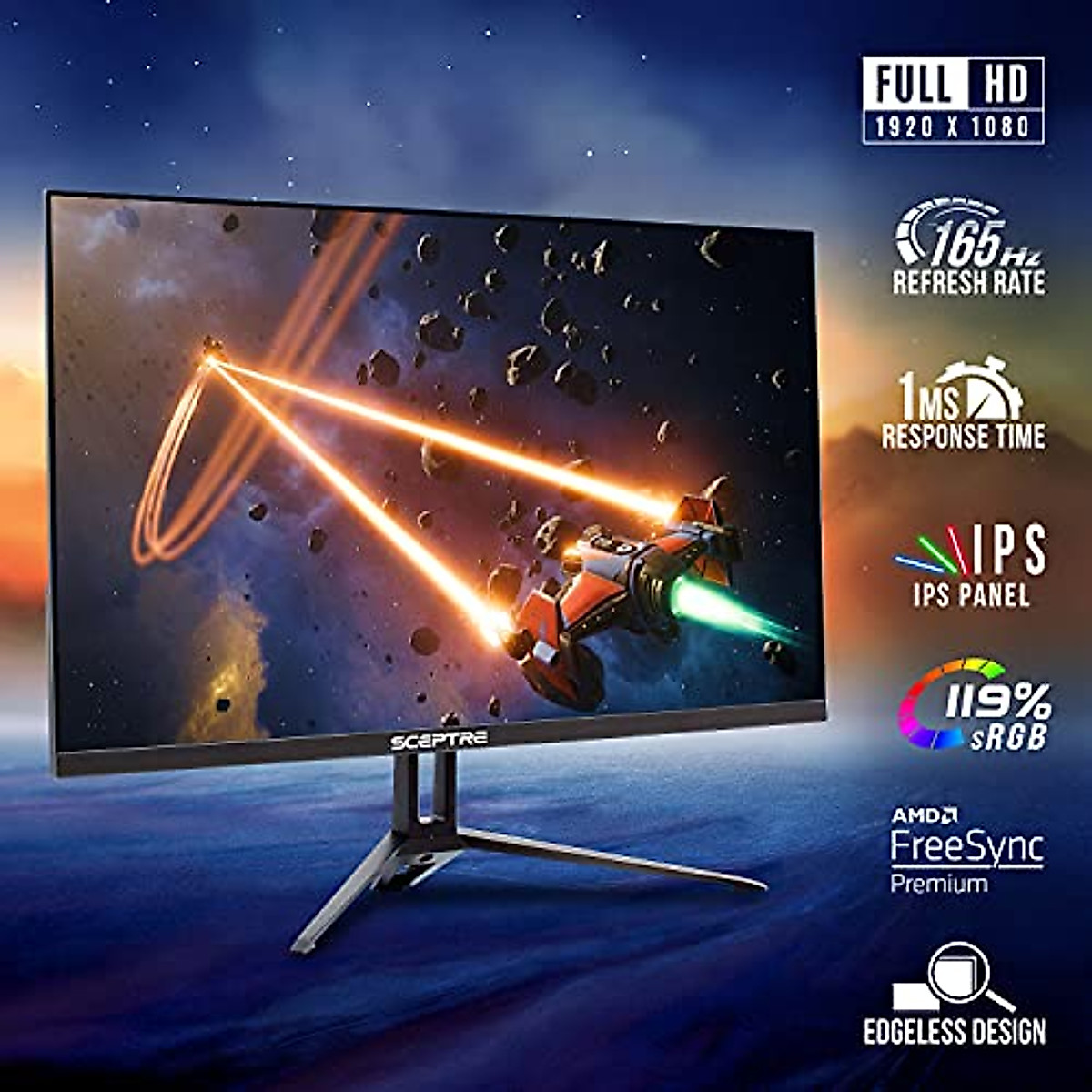 Sceptre IPS 27-inch Gaming Monitor 1920 x 1080p up to 165Hz 1ms AMD FreeSync Premium 119% sRGB DisplayPort HDMI Build-in Speakers, Machine Black (E275B-FPT168S)