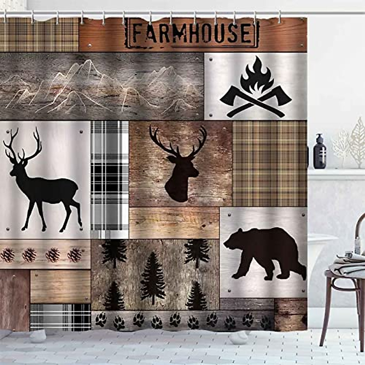 Dia Magico 4PCS Cabin Shower Curtain Set, Mountain Pine Tree Buffalo Plaid Bear Deer Elk Moose Forest Wildlife Woodland Animals Hunting Lodge Country Rustic Farmhouse Bathroom Decor, Non-slip Bath Mat