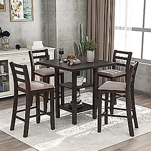 Merax 5-Piece Counter Height Dining Table Set for 4, Farmhouse Kitchen Table Set Dinette Set Included 2-Tier Storage Shelves and 4 Padded Chairs